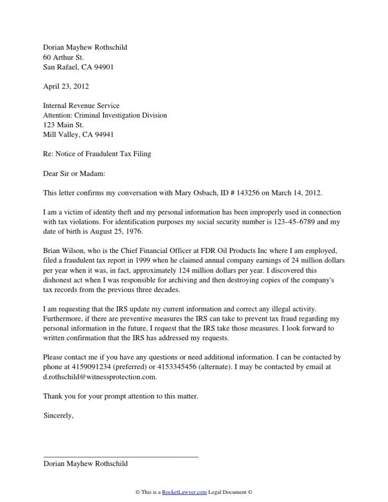 Letter to Notify the IRS of a Fraudulent Tax Filing