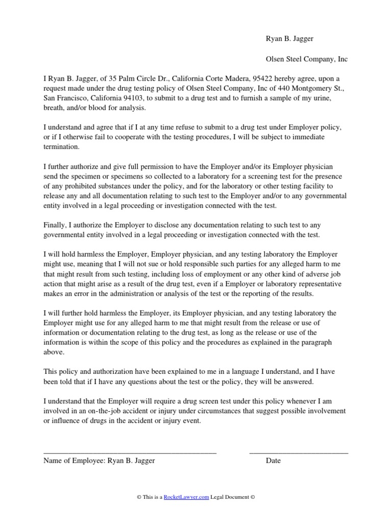 Employee Drug Testing Consent Form | PDF | Drug Test | Justice