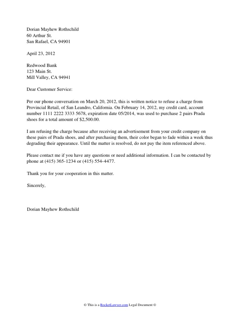 Letter Refusing To Pay For A Charge On Your Credit Card | PDF | Law
