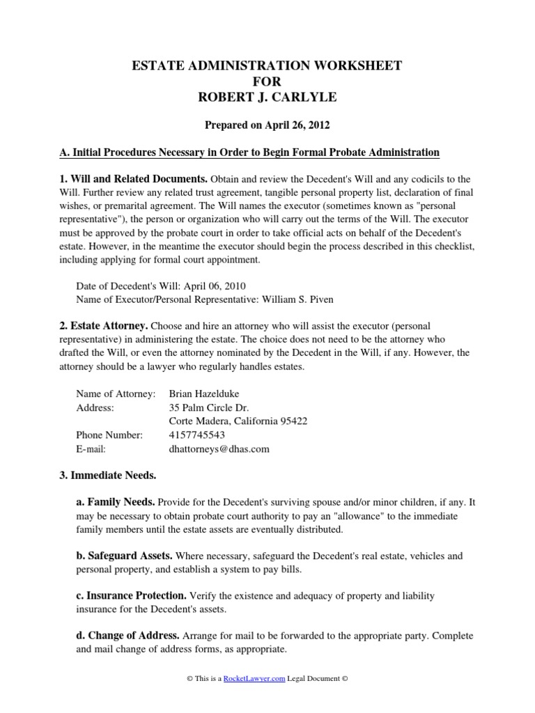 Estate Administration Worksheet | PDF | Probate | Will And Testament