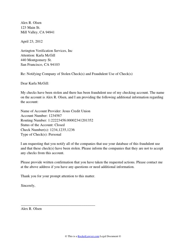 Letter To Notify A Check Verification Company of Stolen Checks or A ...