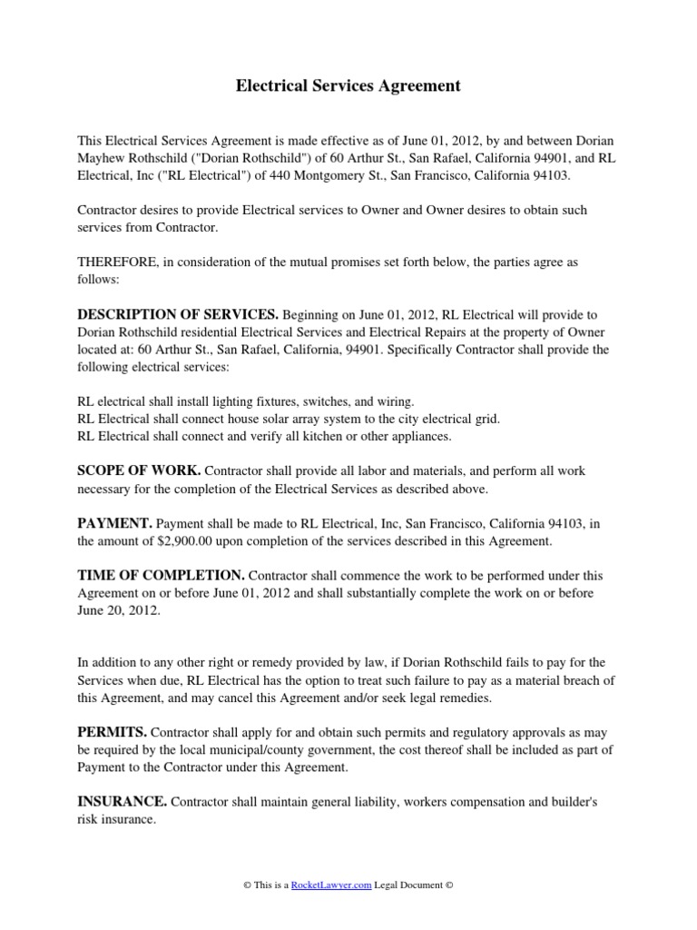 Electrical Service Agreement | PDF | Indemnity | Legal Concepts