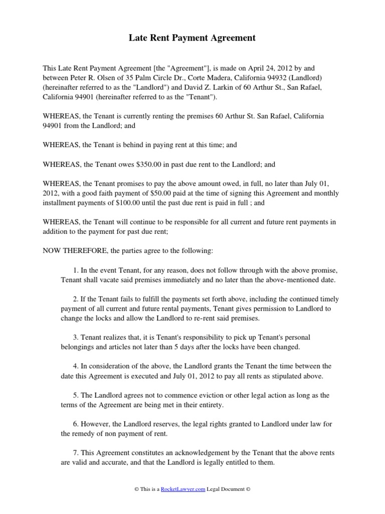 Late Rent Payment Agreement Template | PDF | Leasehold Estate | Landlord