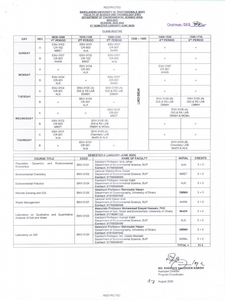 68 Class Routine (BES 2023) (Sem 5) (January June 2025) | PDF