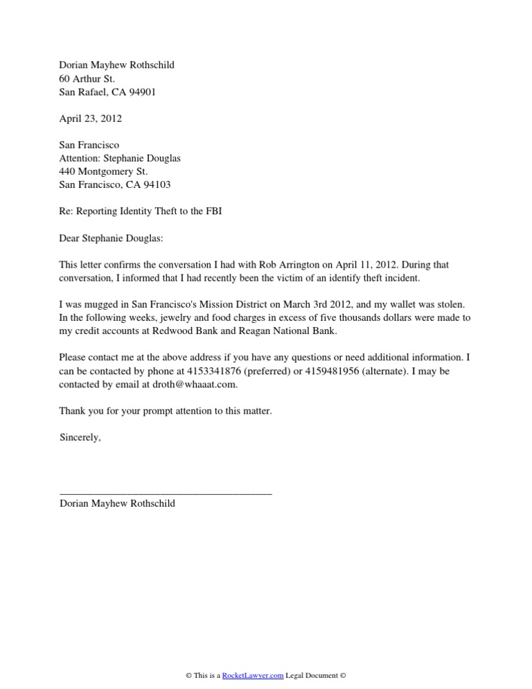 Letter to Report an Identity Theft to the FBI