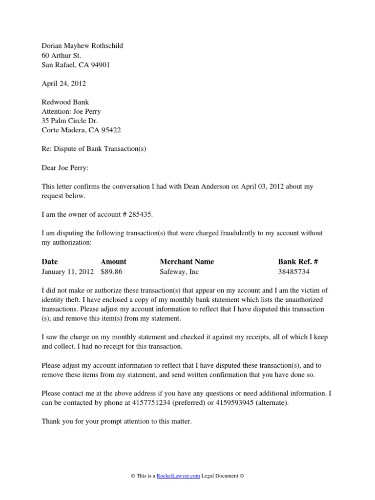 Dispute Letter for Unauthorized Transactions | PDF