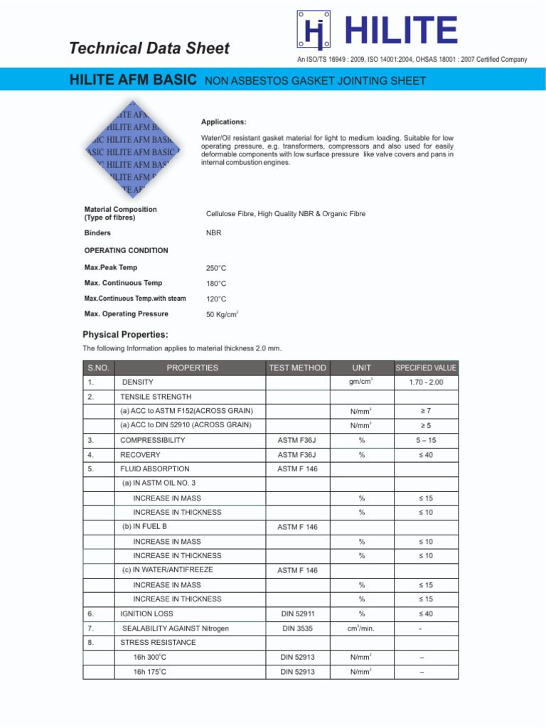 HILITE AFM Basic Gasket Data Sheet | PDF | Fibers | Materials