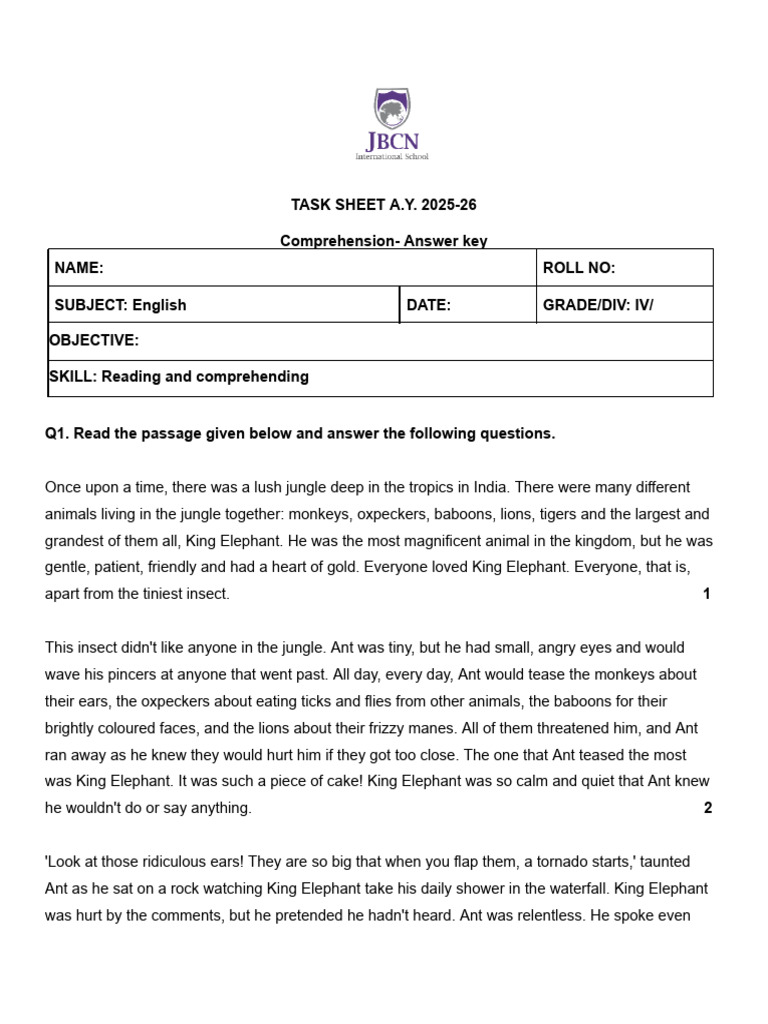 English Comprehension Task Sheet 2025-26 | PDF