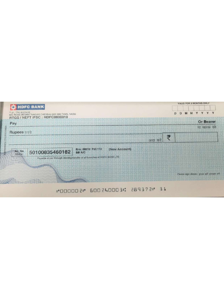HDFC Bank - Cheque Leaf | PDF