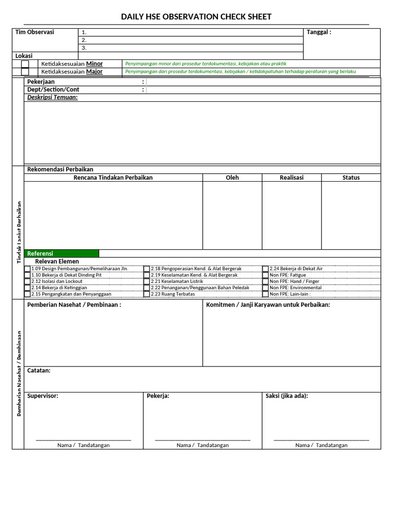 Daily HSE Observation Check Sheet-Ind | PDF