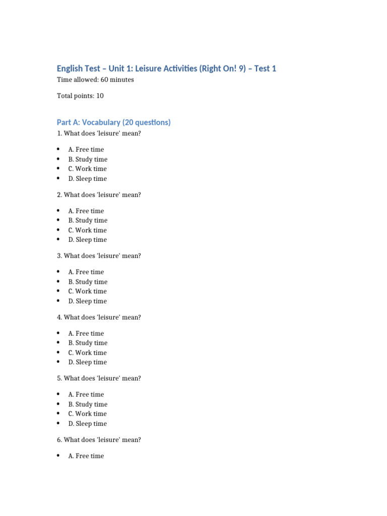 English Test: Leisure Activities Unit 1 | PDF | Chess | Chess Theory