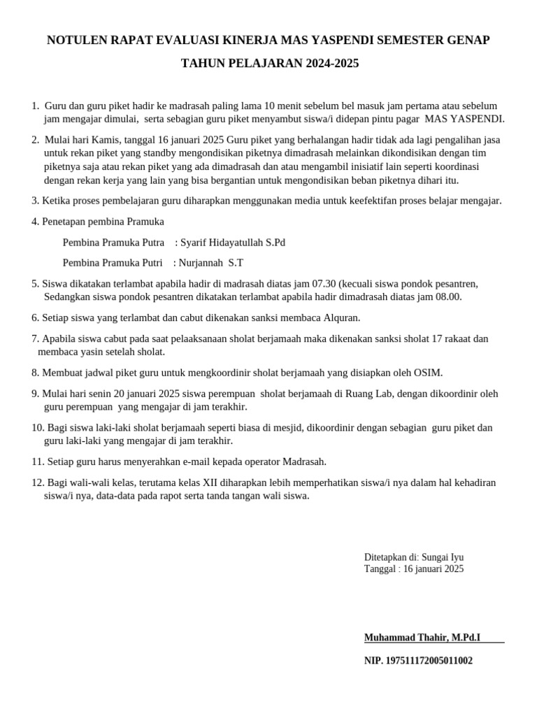Evaluasi Kinerja Guru MAS Yaspendi 2025 | PDF
