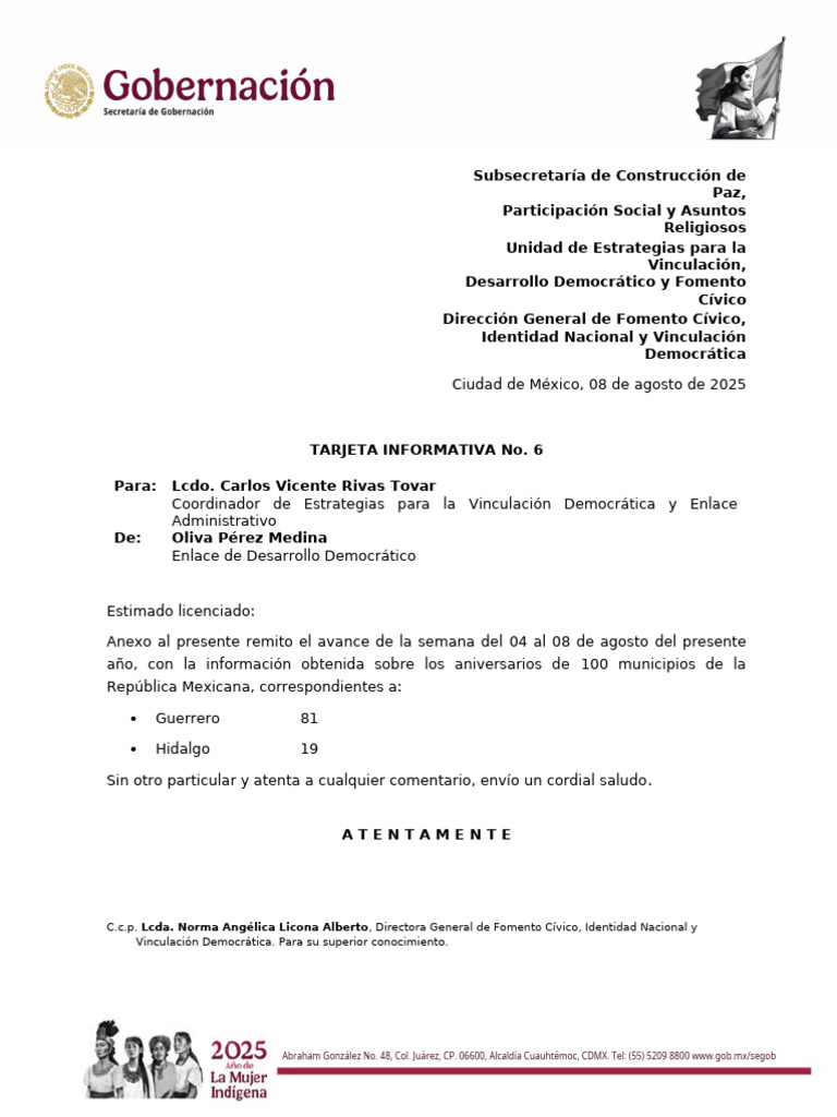 Tarjeta Informativa de Avances-04 Al 08 Agst-2025-Oliva | PDF