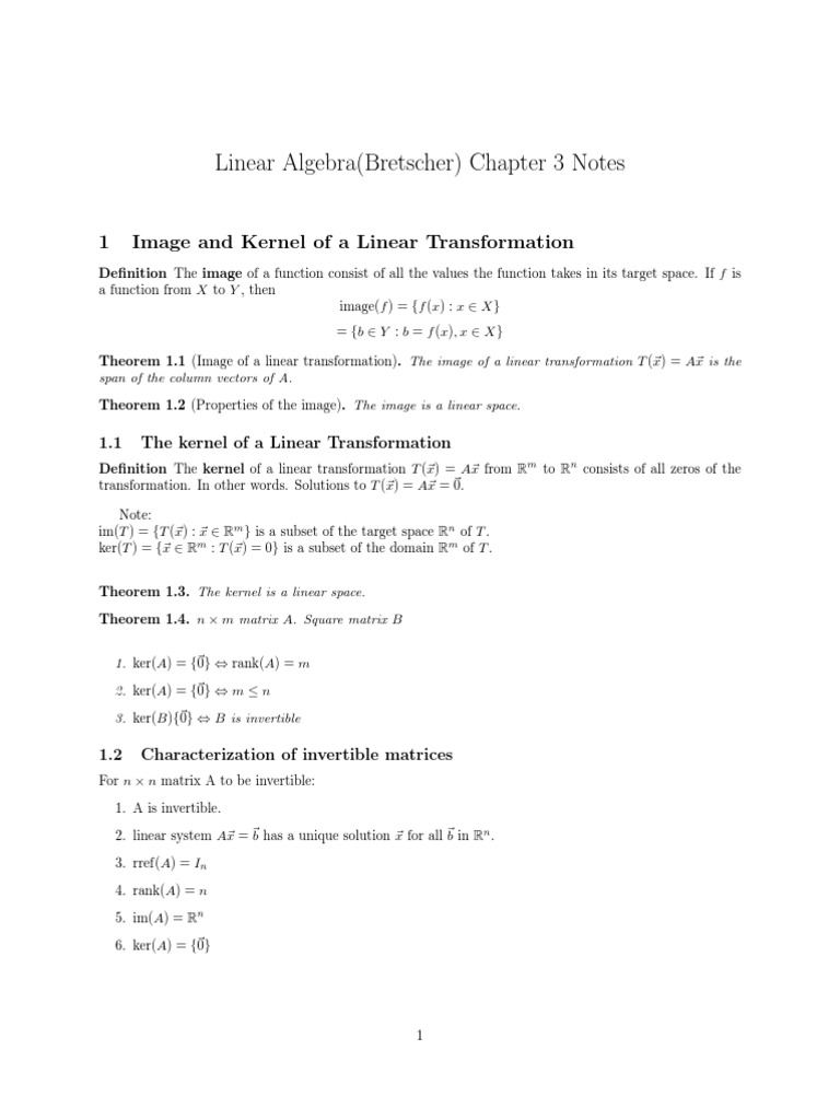 Linear Algebra Bretscher Chapter 3 Notes 1 Image And Kernel Of A Linear Transformation Pdf