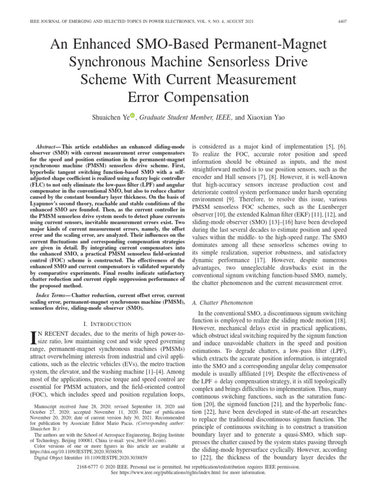 An Enhanced SMO-Based Permanent-Magnet Synchronous Machine Sensorless Drive Scheme With Current ...