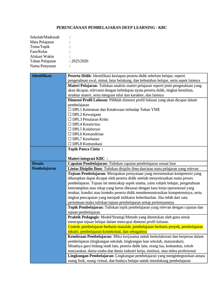 Template Modul Ajar DL - Kbc. | PDF