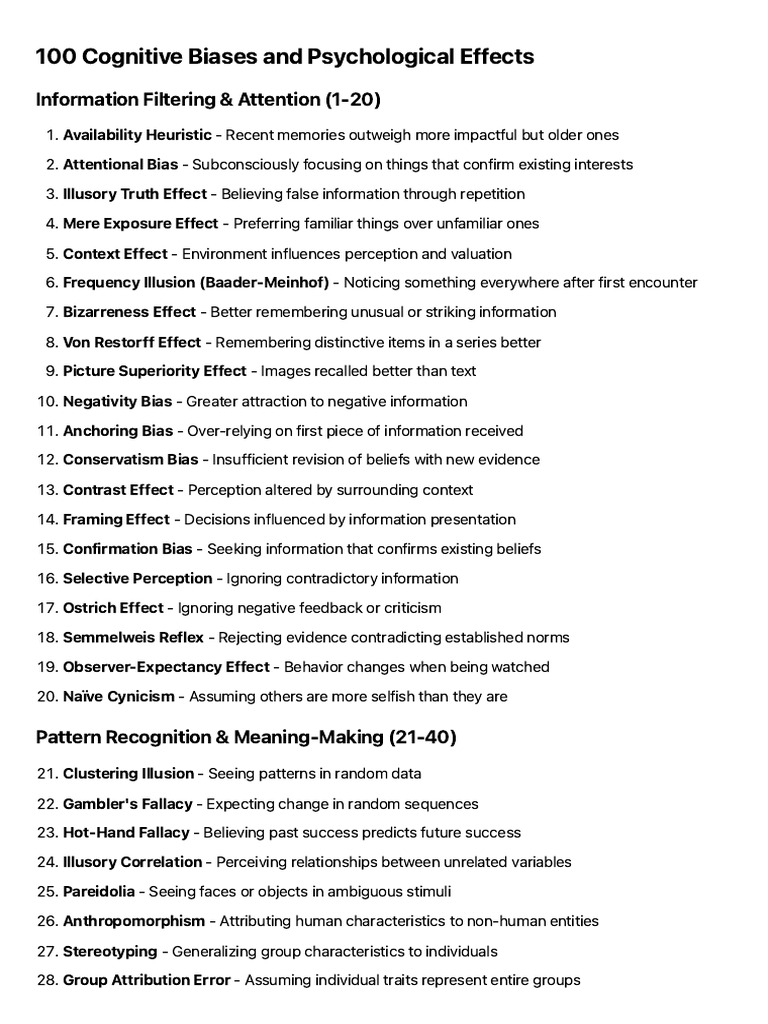 100 Cognitive Biases and Psychological Effects | PDF | Perception | Memory