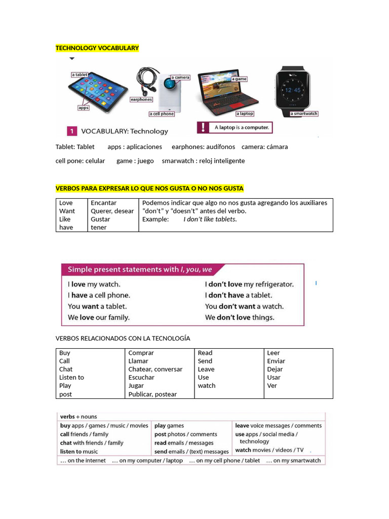 Vocabulario Esencial de Tecnología y Verbos | PDF