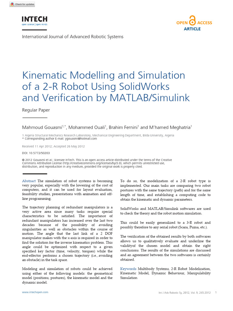 Gouasmi Et Al 2012 Kinematic Modelling and Simulation of A 2 R Robot Using Solidworks and ...