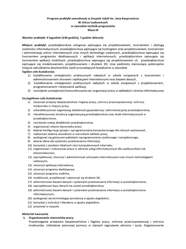 Program Praktyk Programista Klasa III Wersja 2024 | PDF