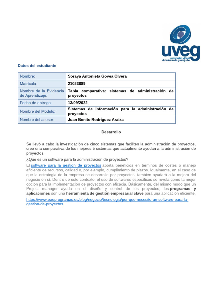 Govea Soraya Tabla | PDF | Gestión de proyectos | Software de la aplicacion