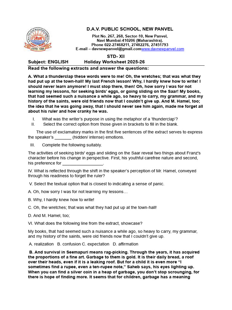 English Holiday Worksheet XII 2025-26 | PDF