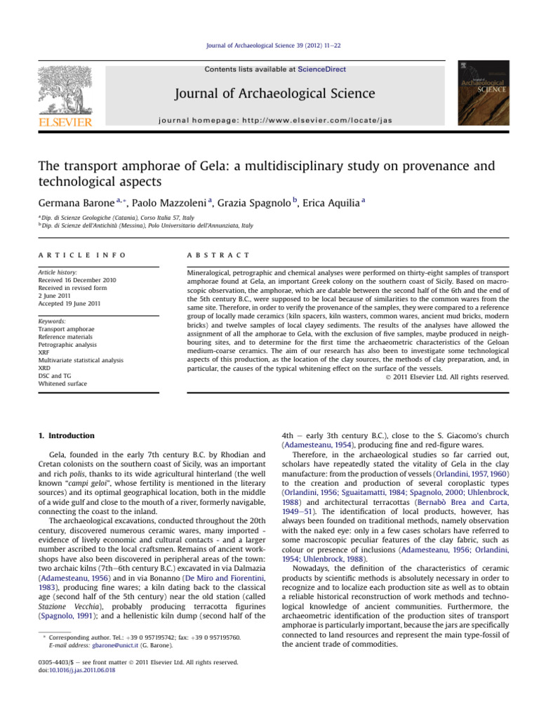 Gela Transport Amphorae: Provenance Study | PDF | Clay