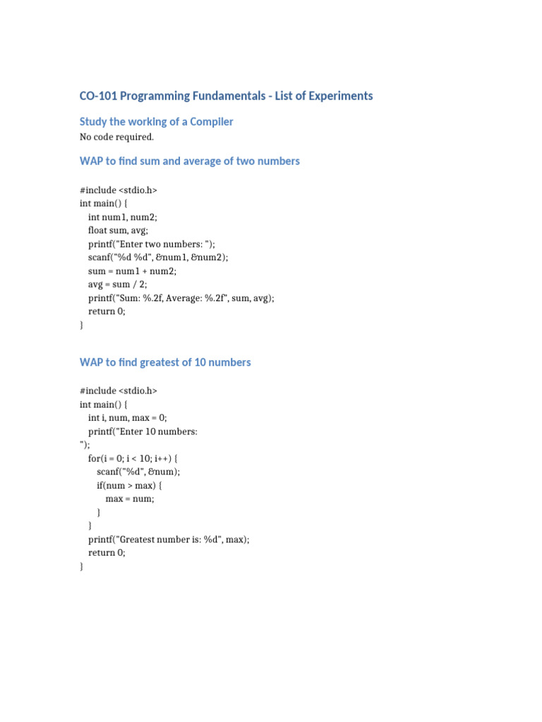 CO-101 Programming Fundamentals Experiments | PDF