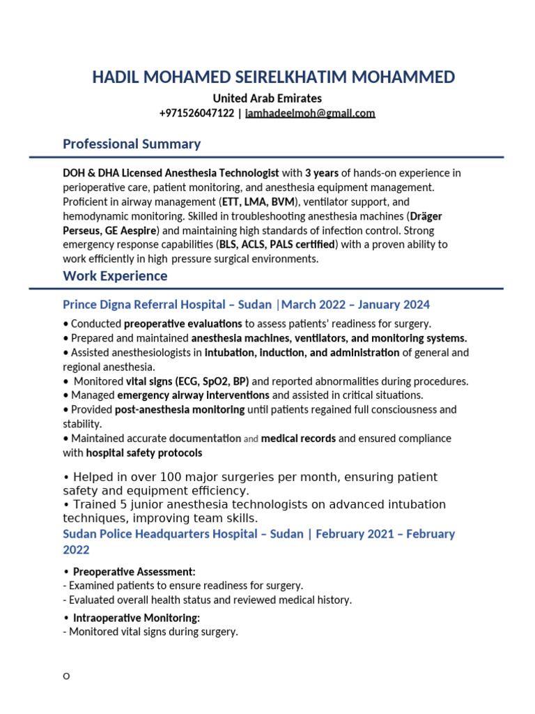 Anesthesia Technologist Resume UAE | PDF | Anesthesia | Perioperative