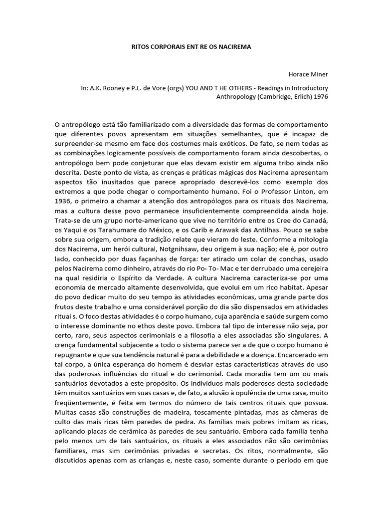 Rituais Corporais dos Nacirema | PDF | Rituais | Humano
