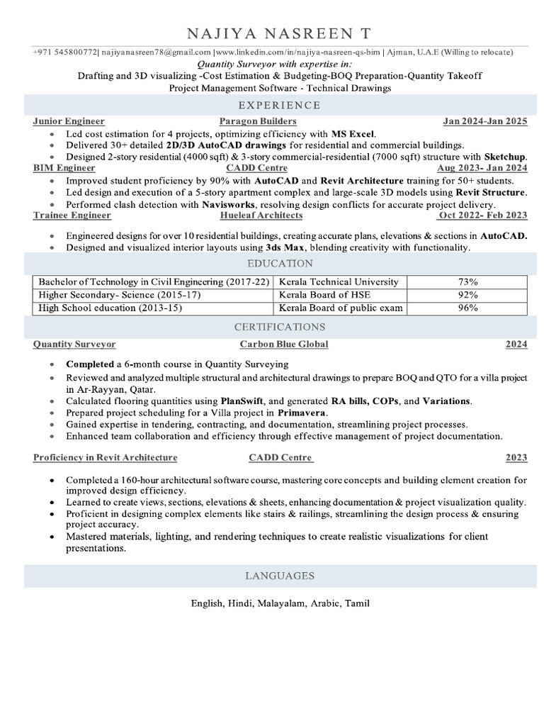 Najiya Nasreen T CV Qs | PDF