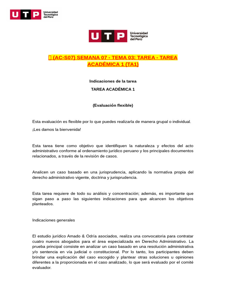 ? (AC-S07) Semana 07 - Tarea Académica 1 (TA1) - Derecho Procesal Administrativo | PDF | Caso de ...