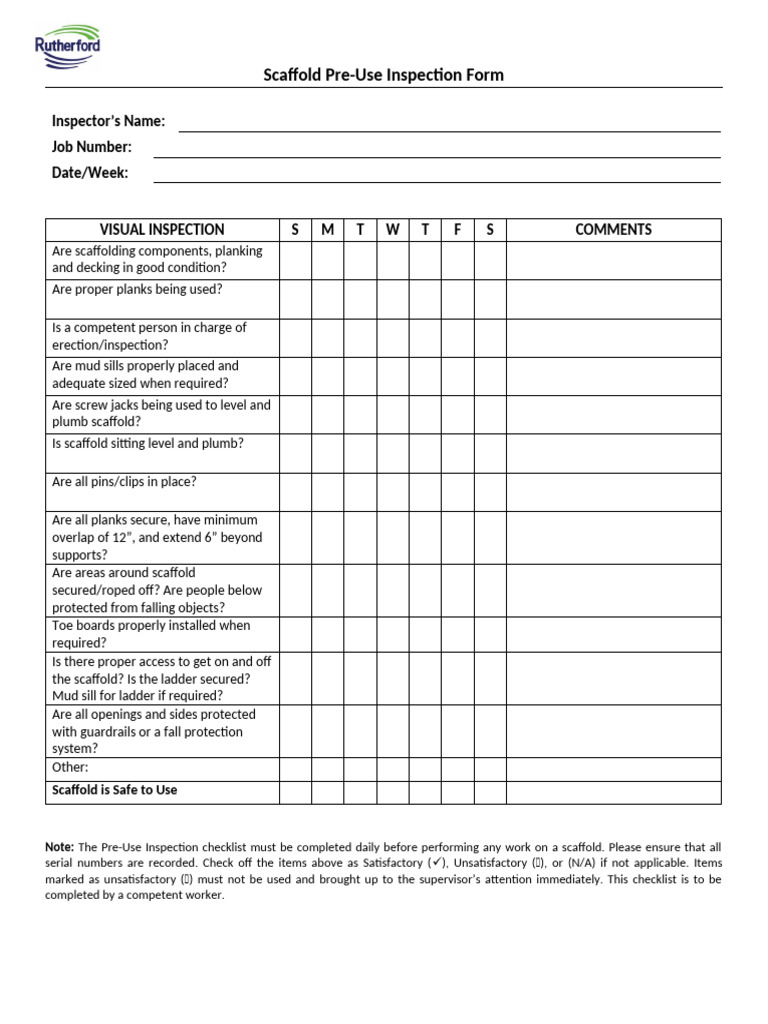 Scaffold Pre-Use Inspection Checklist | PDF