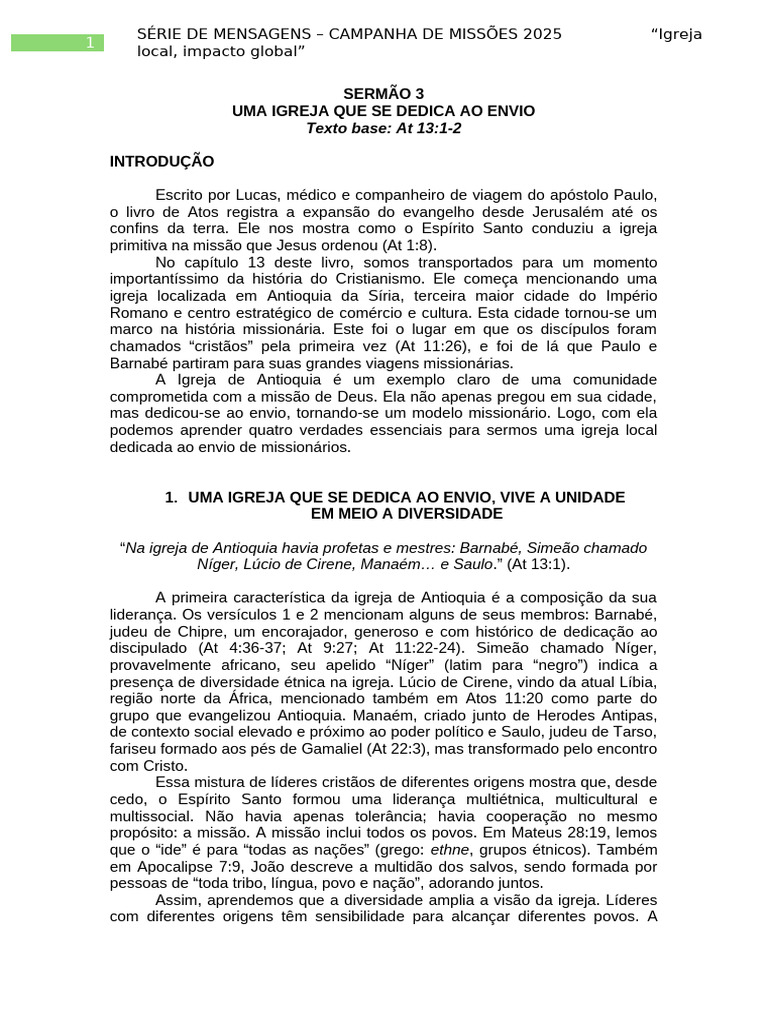 SERMÃO 3 - UMA IGREJA QUE SE DEDICA AO ENVIO | PDF | Apóstolo Paulo | Barnabé (Bíblia)