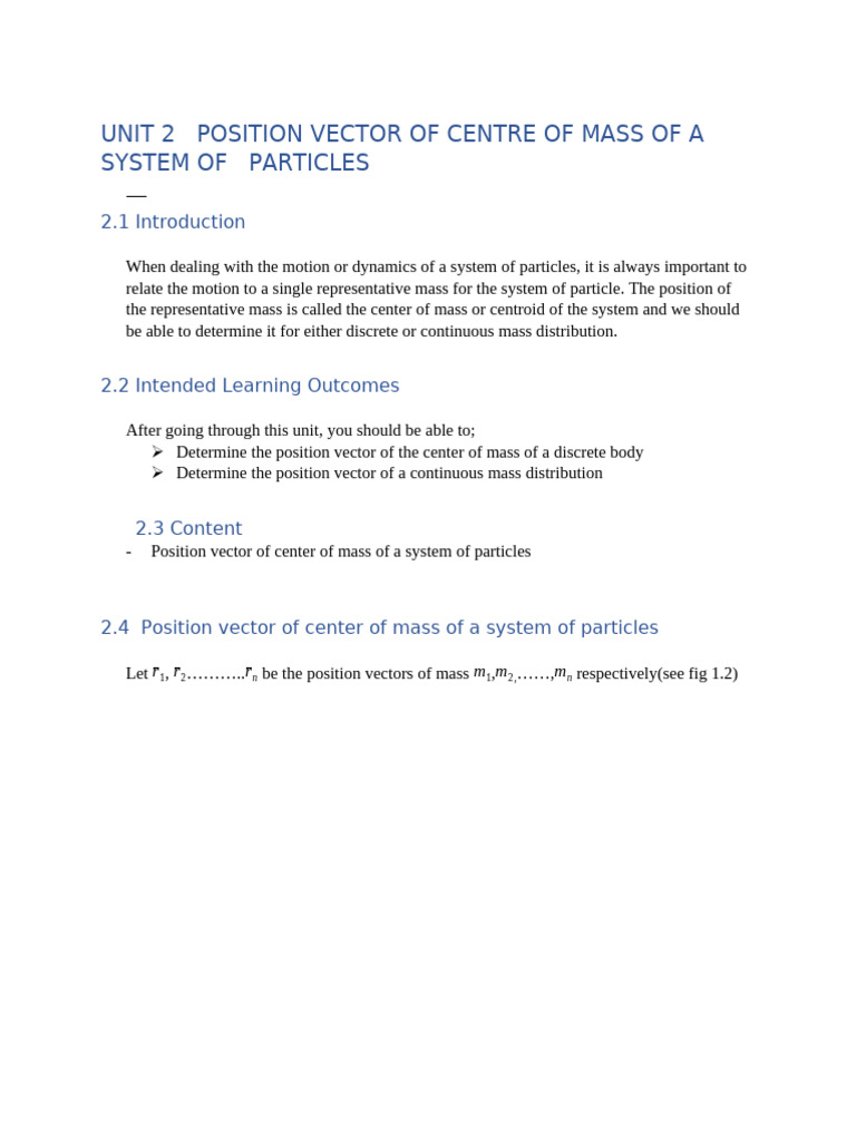 2_position Vector of Centre of Mass of a System of Particles | PDF | Force | Center Of Mass