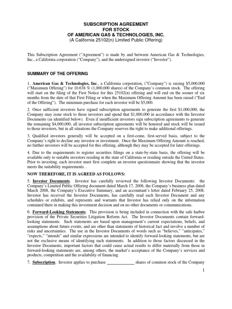Subscription Agreement | PDF | Investor | Securities Act Of 1933