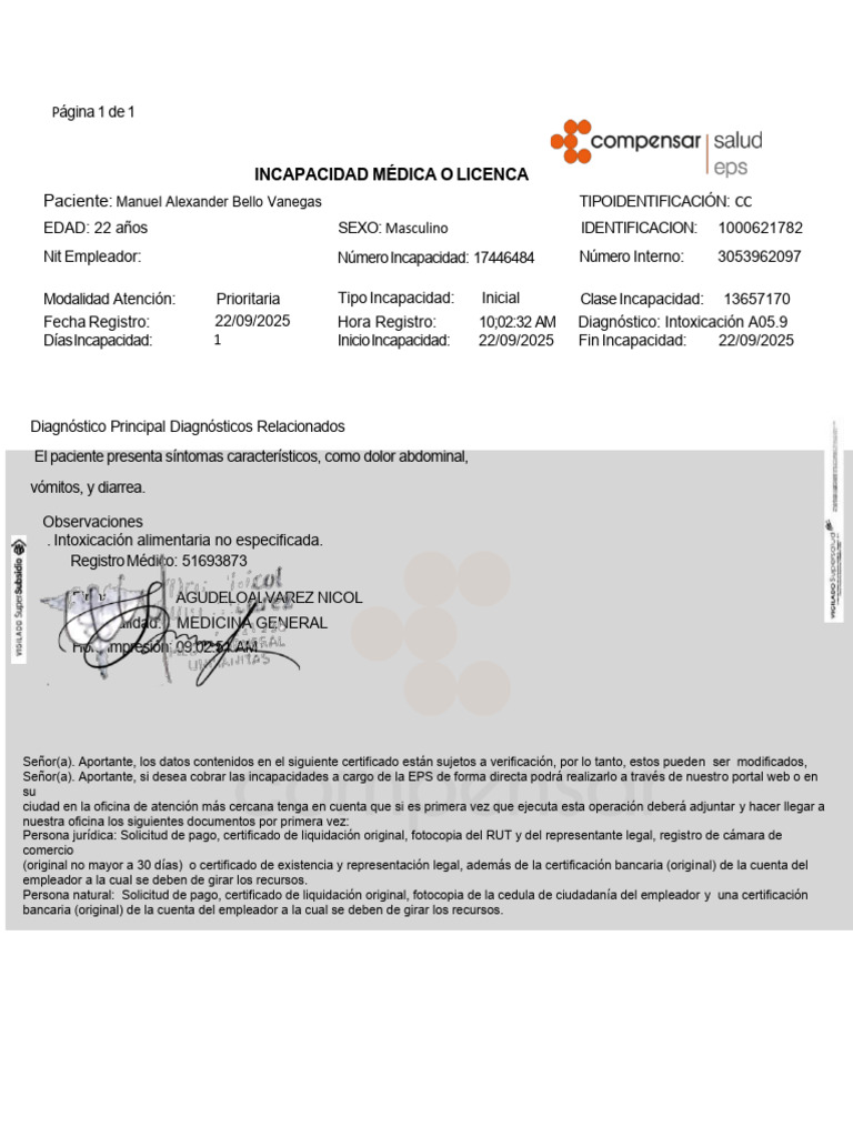 Incapacidad Compensar Paciente 1000621782 | PDF