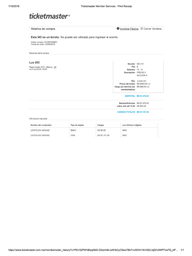 Ticketmaster Member Services - Print Receipt | PDF
