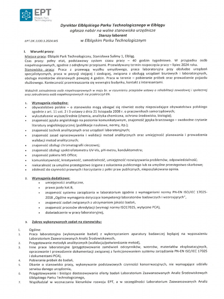 Nabór Starszy Laborant | PDF