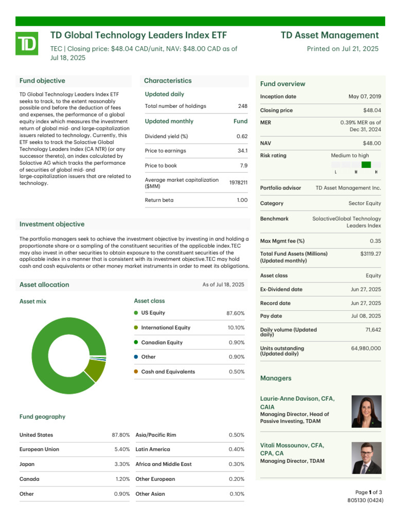 TD Global Technology Leaders Index Etf 21072025 | PDF | Exchange Traded ...