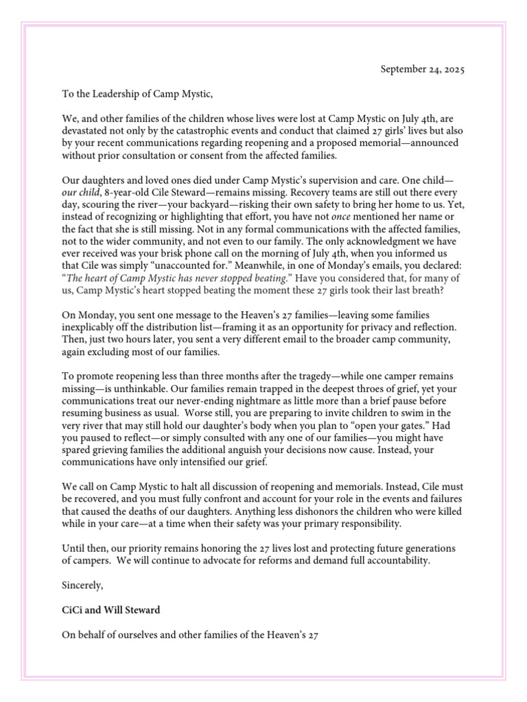 Steward Letter To Camp Mystic | PDF