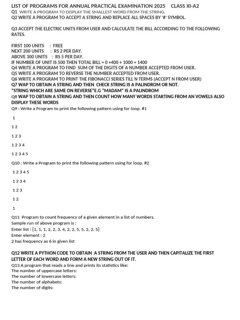 Class XI-A2 Practical Exam Programs 2025 | PDF