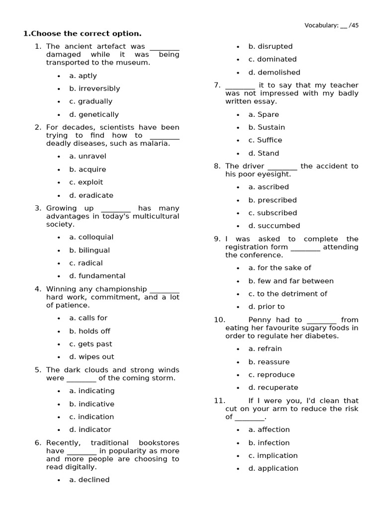 Practice Test 1 - Vocabulary Grammar Reading | PDF | Infection | Virus
