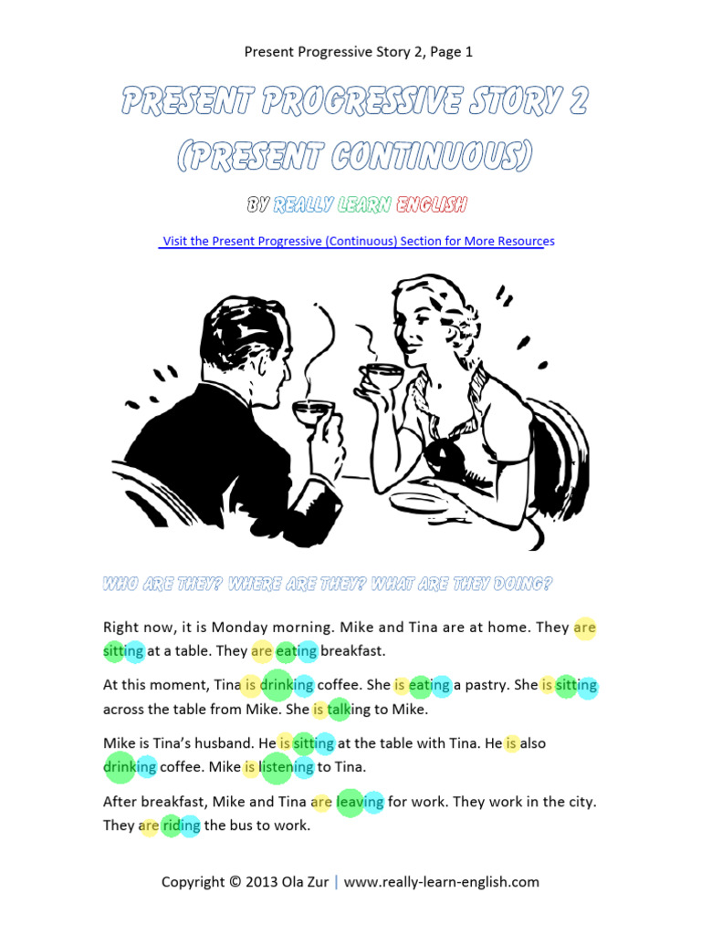 Present Progressive Story Example | PDF | Question | Grammar
