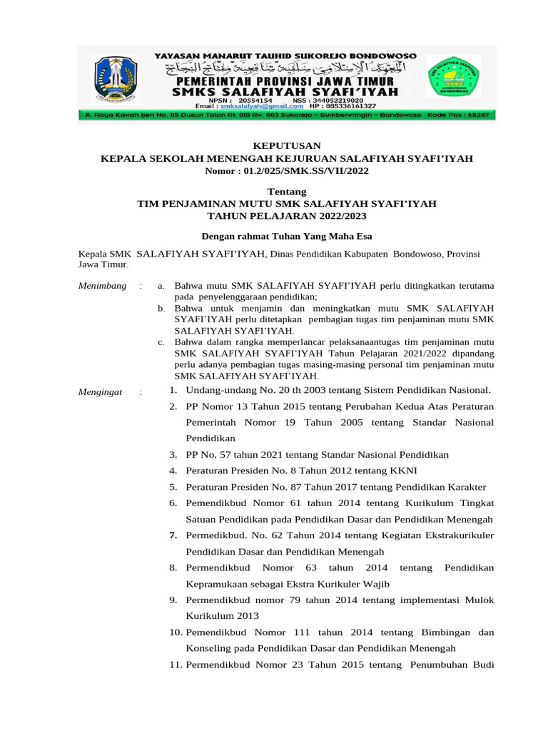 1. SK Tim Penjaminan Mutu Sekolah | PDF