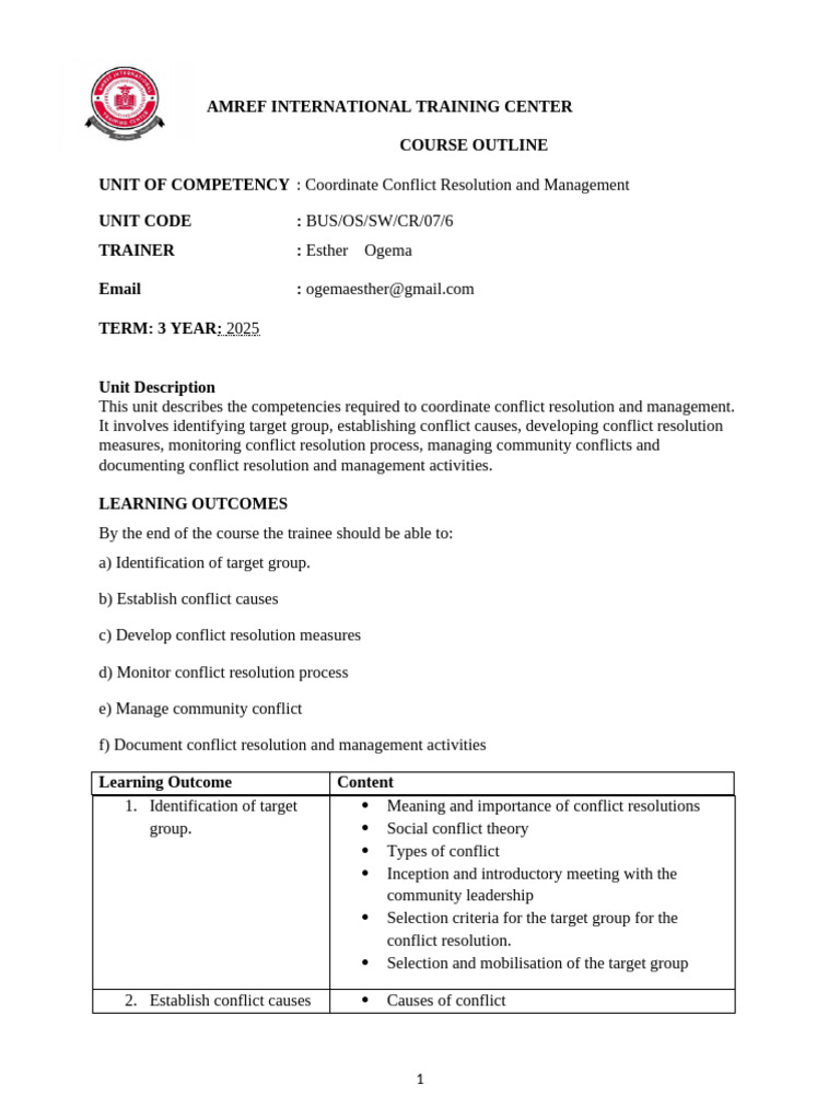 Conflict Resolution Management Course Outline | PDF | Conflict ...