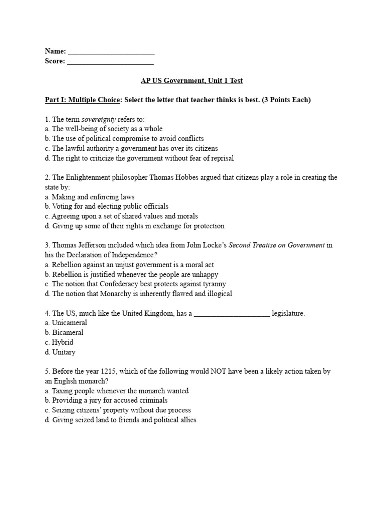 AP Gov Unit 1 Practice Test 2 | PDF | Constitutional Convention (United ...