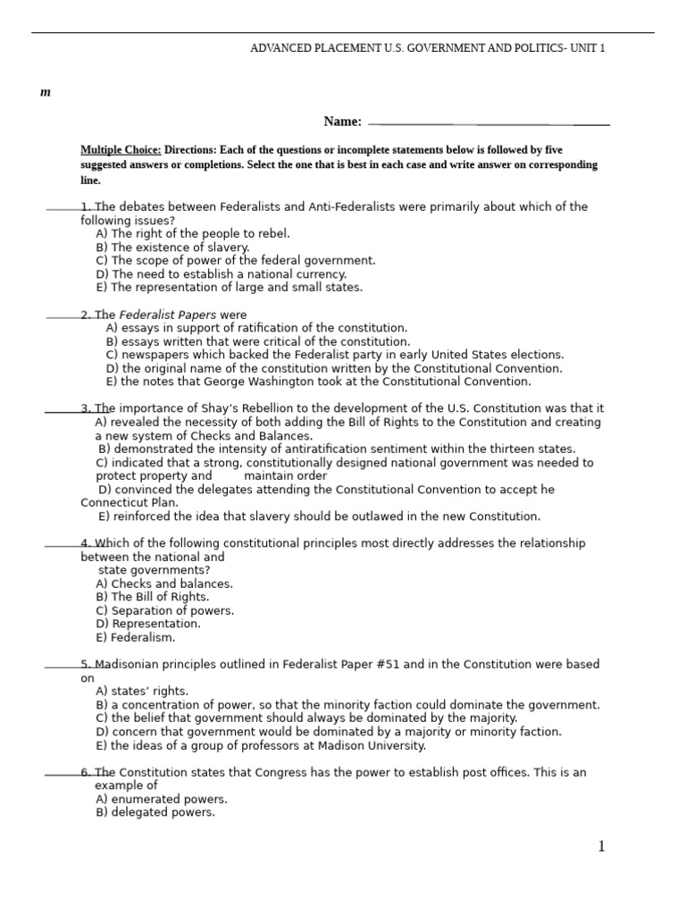 AP Gov Unit 1 Practice Test | PDF | Enumerated Powers | United States ...