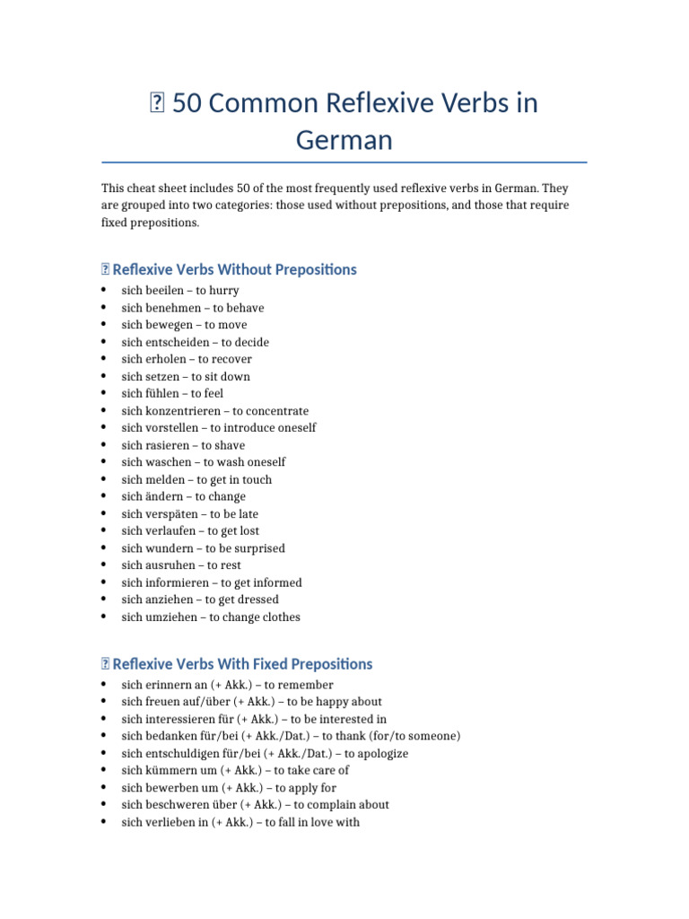 50 Common Reflexive Verbs German | PDF