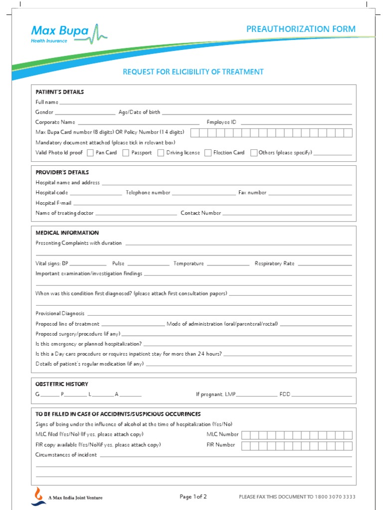 Pre Authorization Form | PDF | Patient | Medical Diagnosis